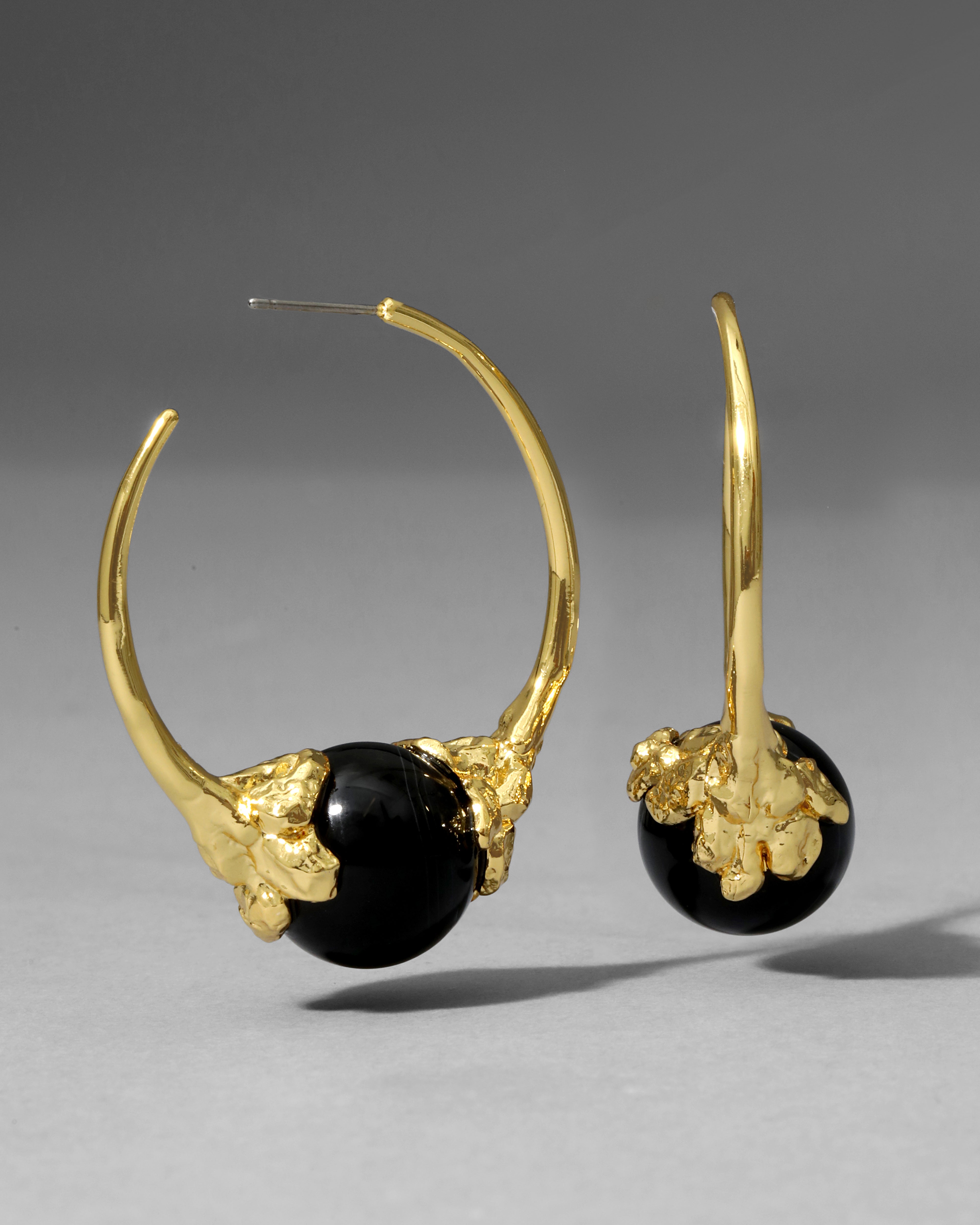 Brut Gold Capped Black Agate Hoop Earrings | Black Earrings