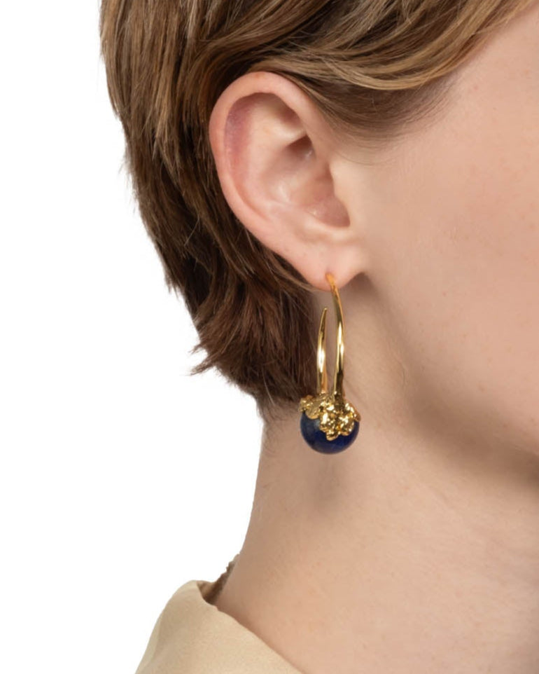 Brut Gold Capped Lapis Hoop Earrings | Designer Hoop Earrings