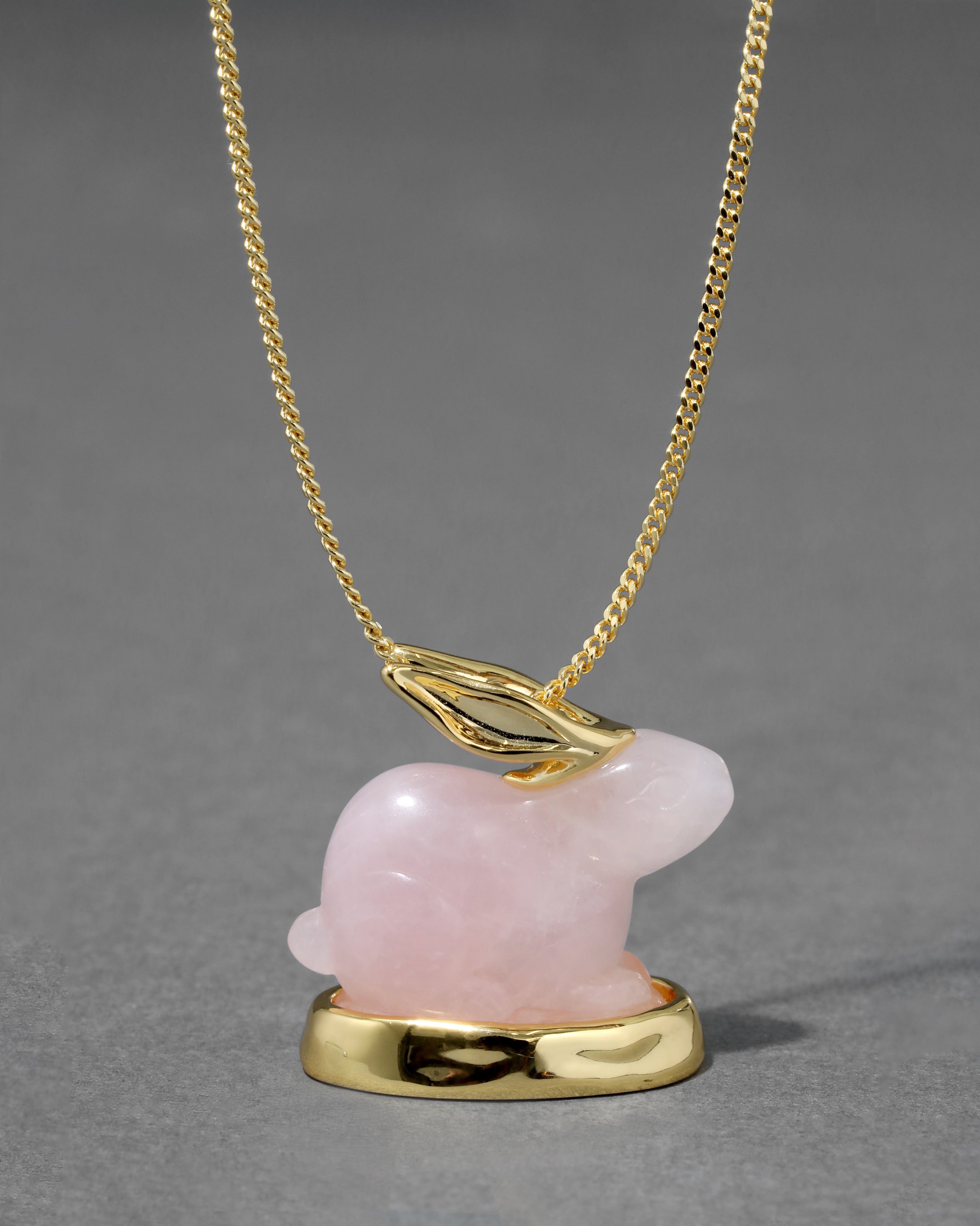 Bunny Rose Quartz Pendant Necklace | 14k Gold Plated Bunny Necklace