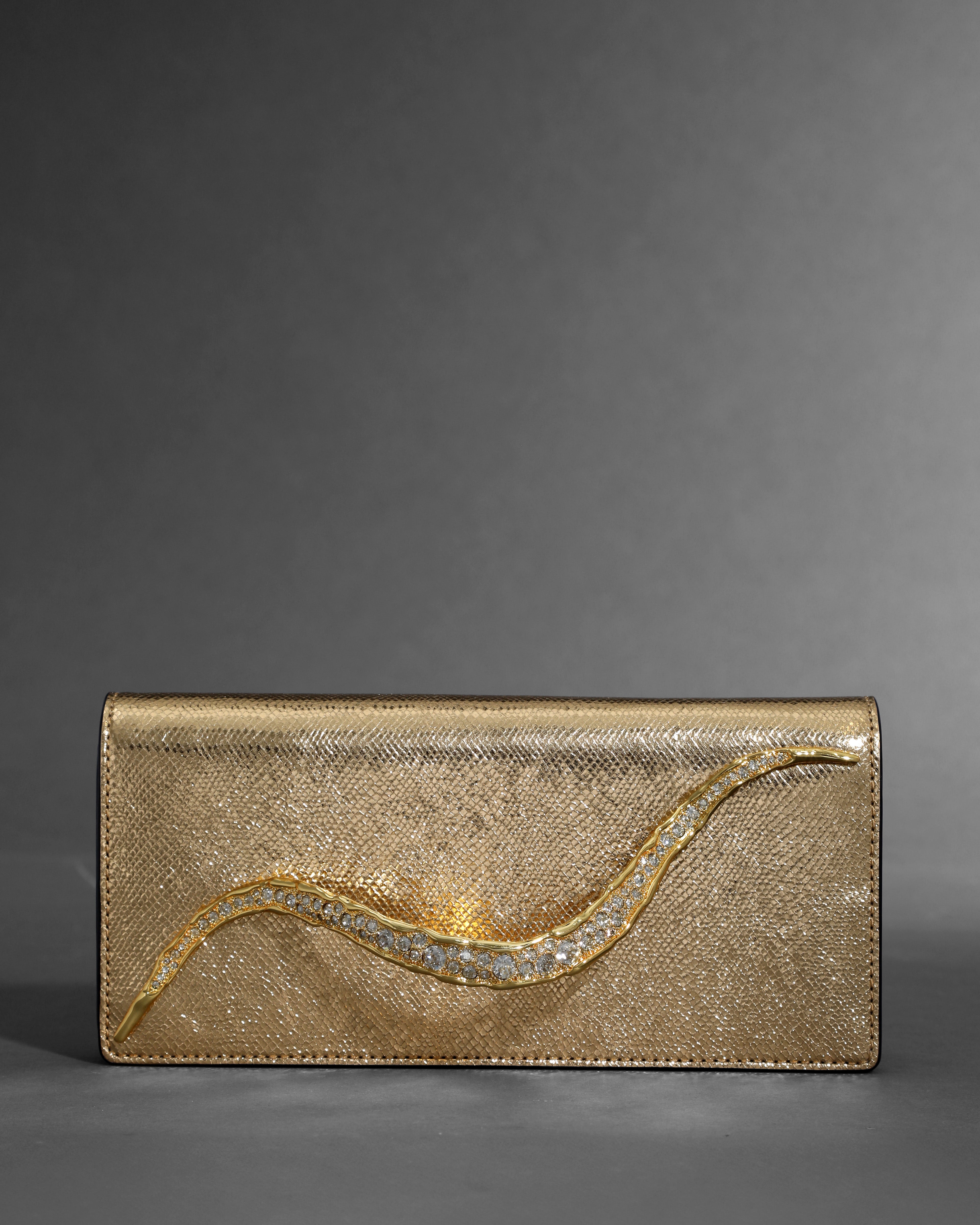 Gold Crystal Curve Clutch | Gold Leather Purse | Statement Handbag