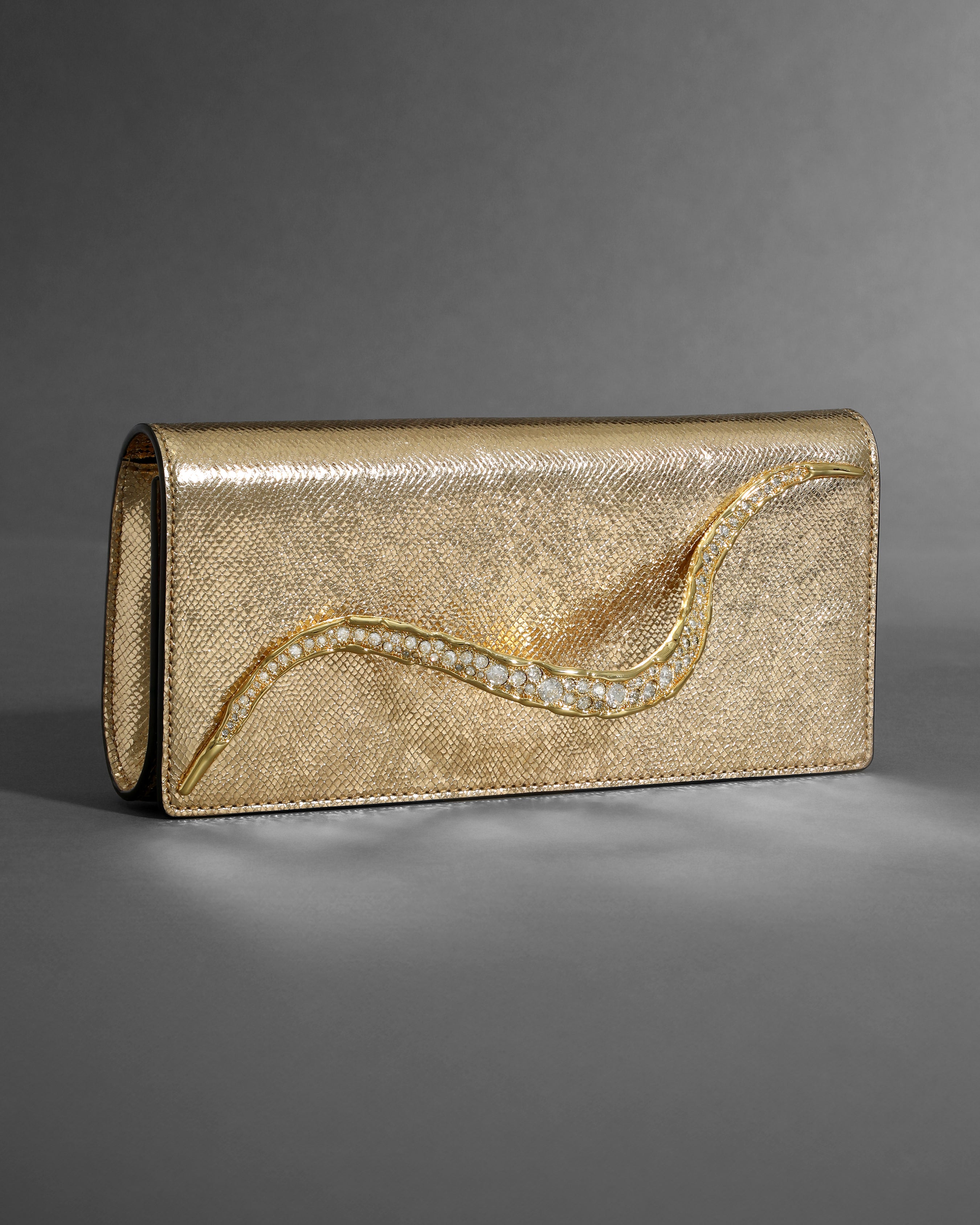 Gold Crystal Curve Clutch | Gold Leather Purse | Statement Handbag