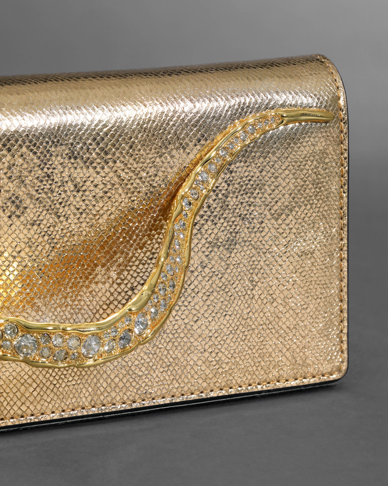 Gold Crystal Curve Clutch | Gold Leather Purse | Statement Handbag