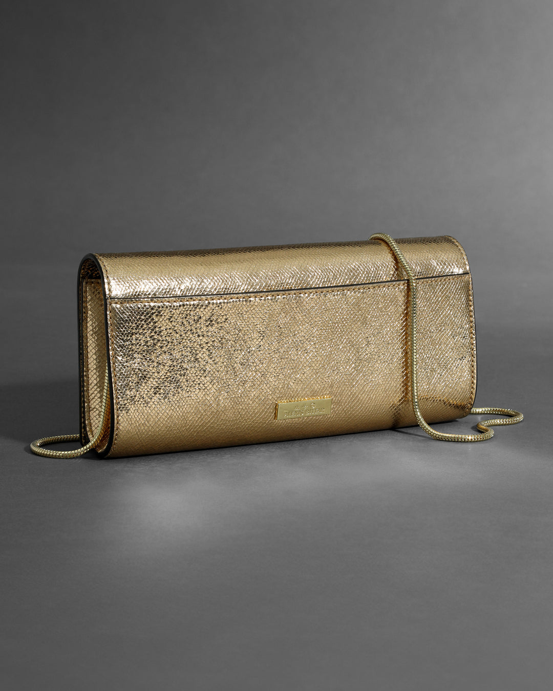 Gold Crystal Curve Clutch | Gold Leather Purse | Statement Handbag