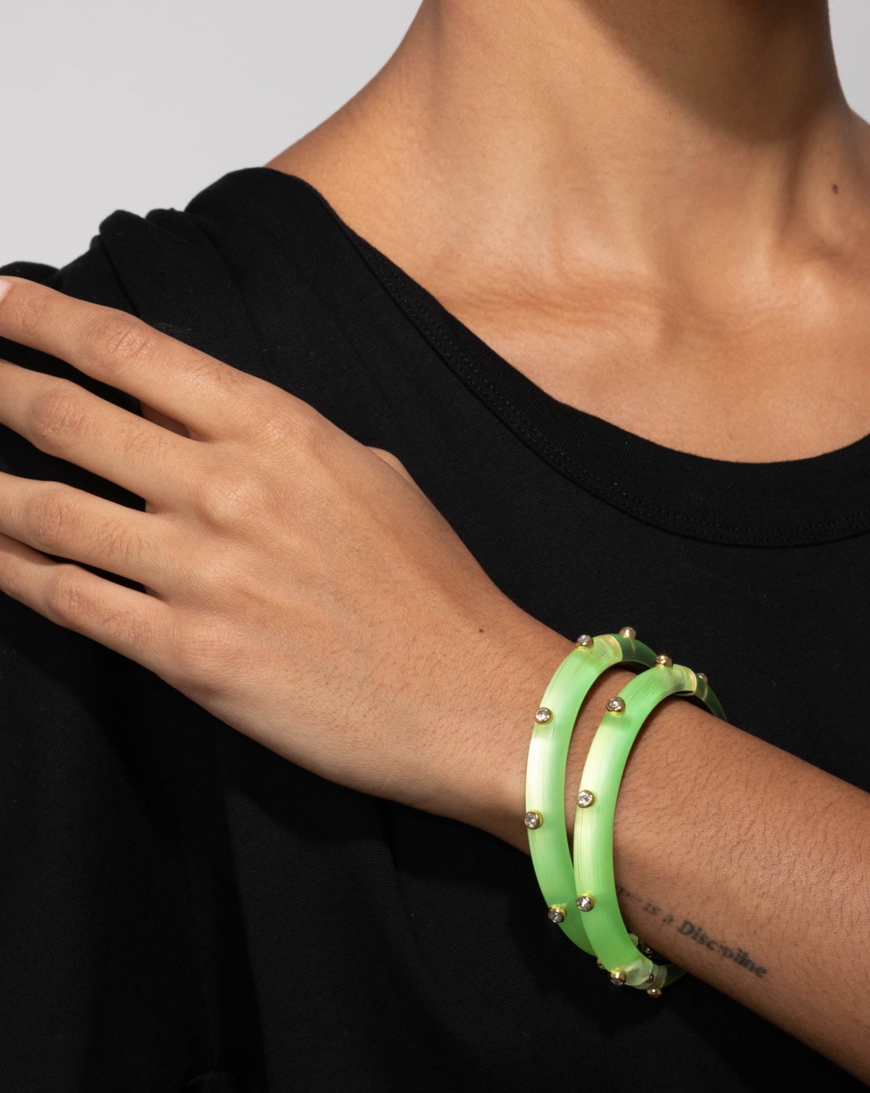 Neon Green Crystal Studded Lucite Hinge Bracelet | Alexis Bittar