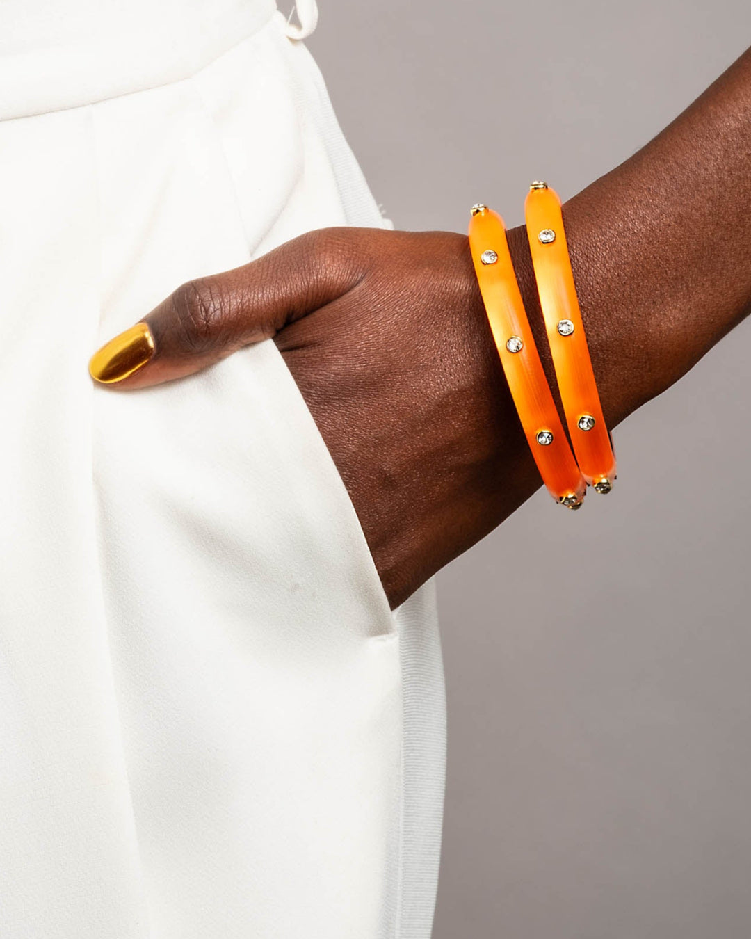 Crystal Studded Lucite Hinge Bracelet- Neon Orange