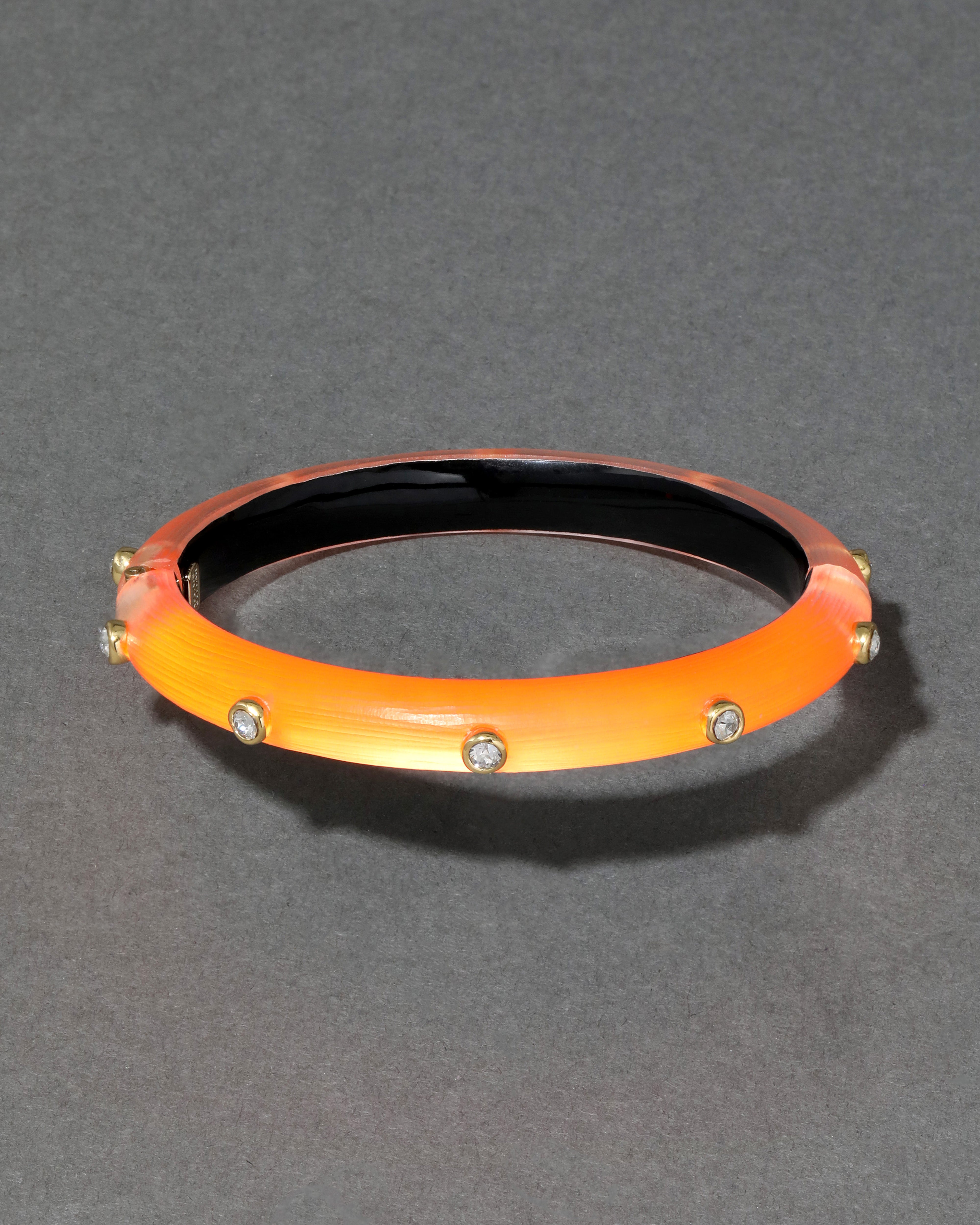 Crystal Studded Lucite Hinge Bracelet- Neon Orange
