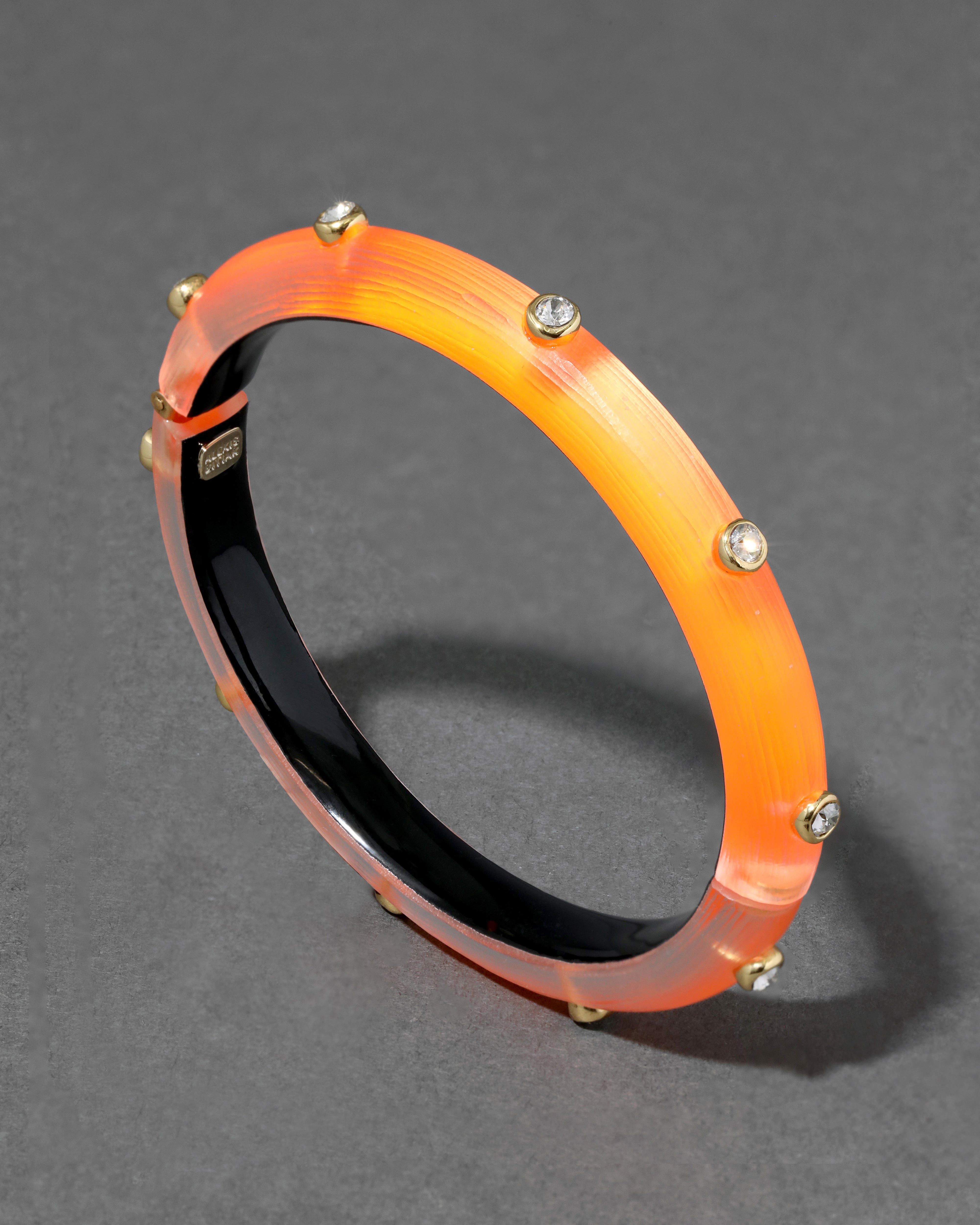 Crystal Studded Lucite Hinge Bracelet- Neon Orange
