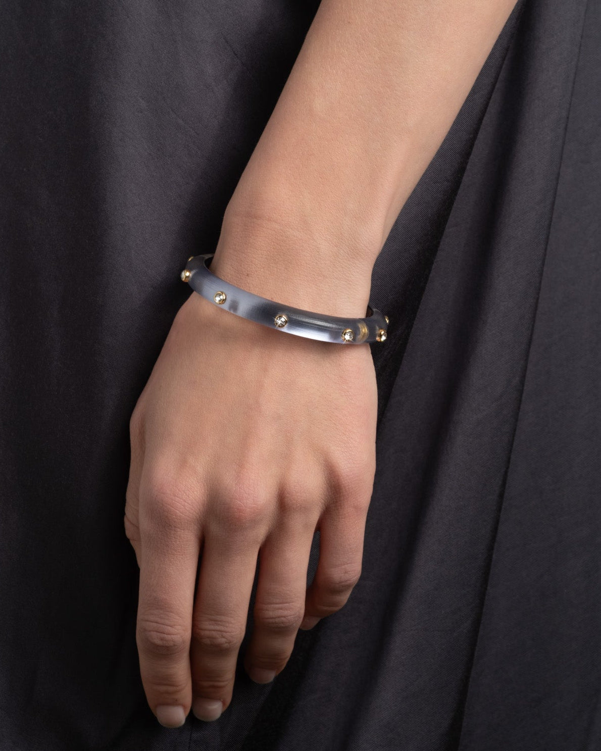 Crystal Studded Steel Blue Lucite Hinge Bangle Bracelet