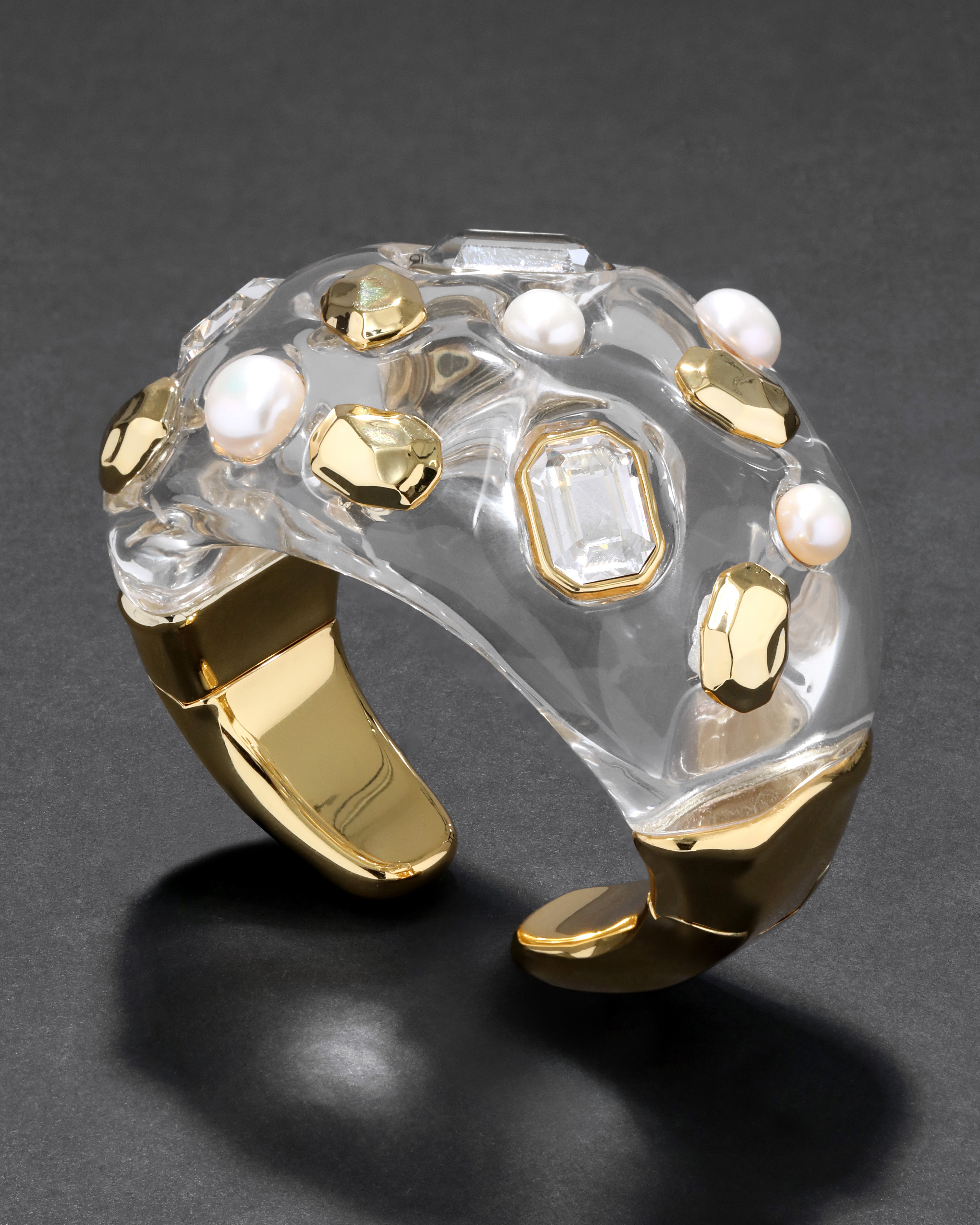 Liquid Lucite Freshwater Pearl and Crystal Hinge Cuff Bracelet