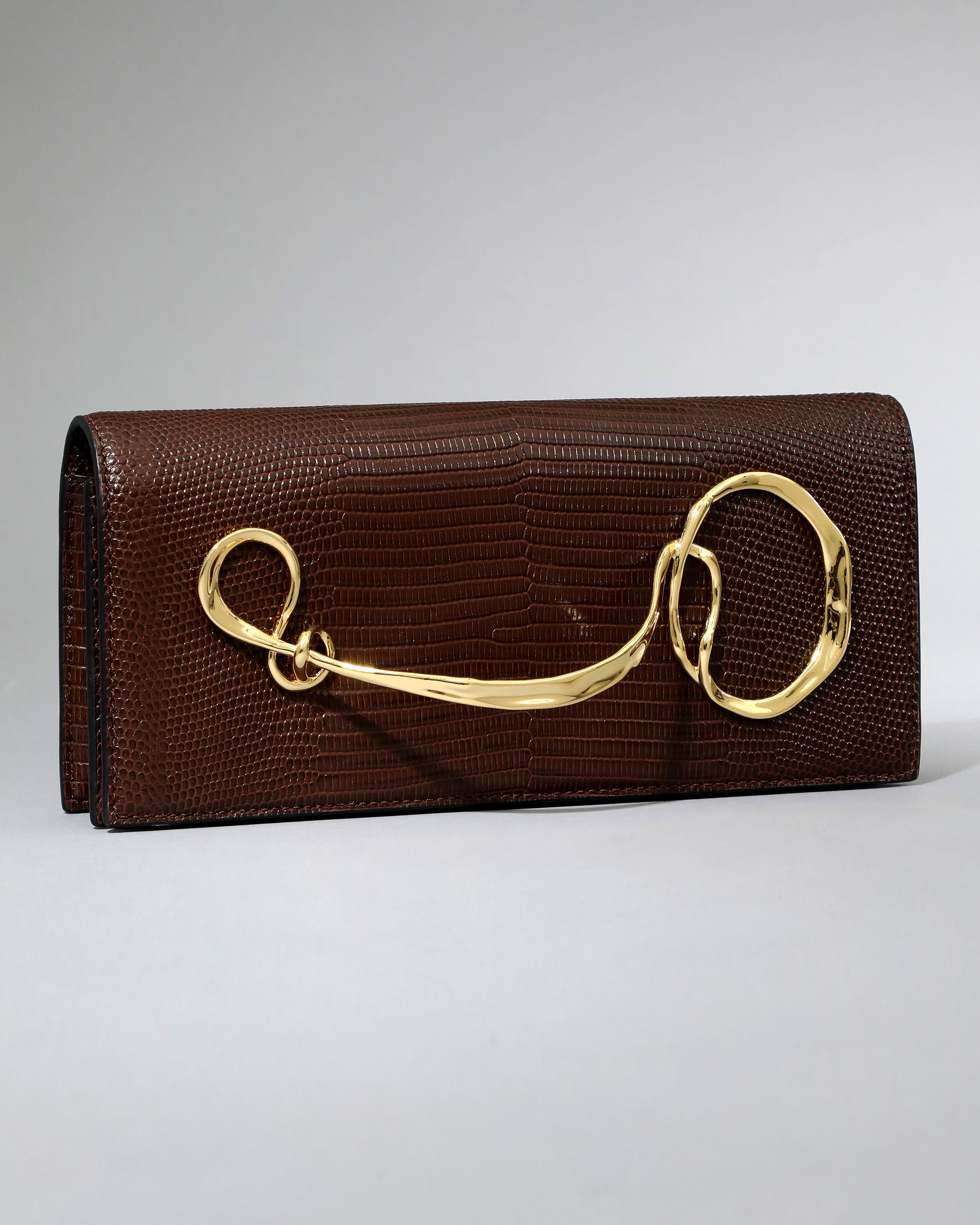Chocolate Brown Lizard Leather Twisted Gold Side Handle Clutch