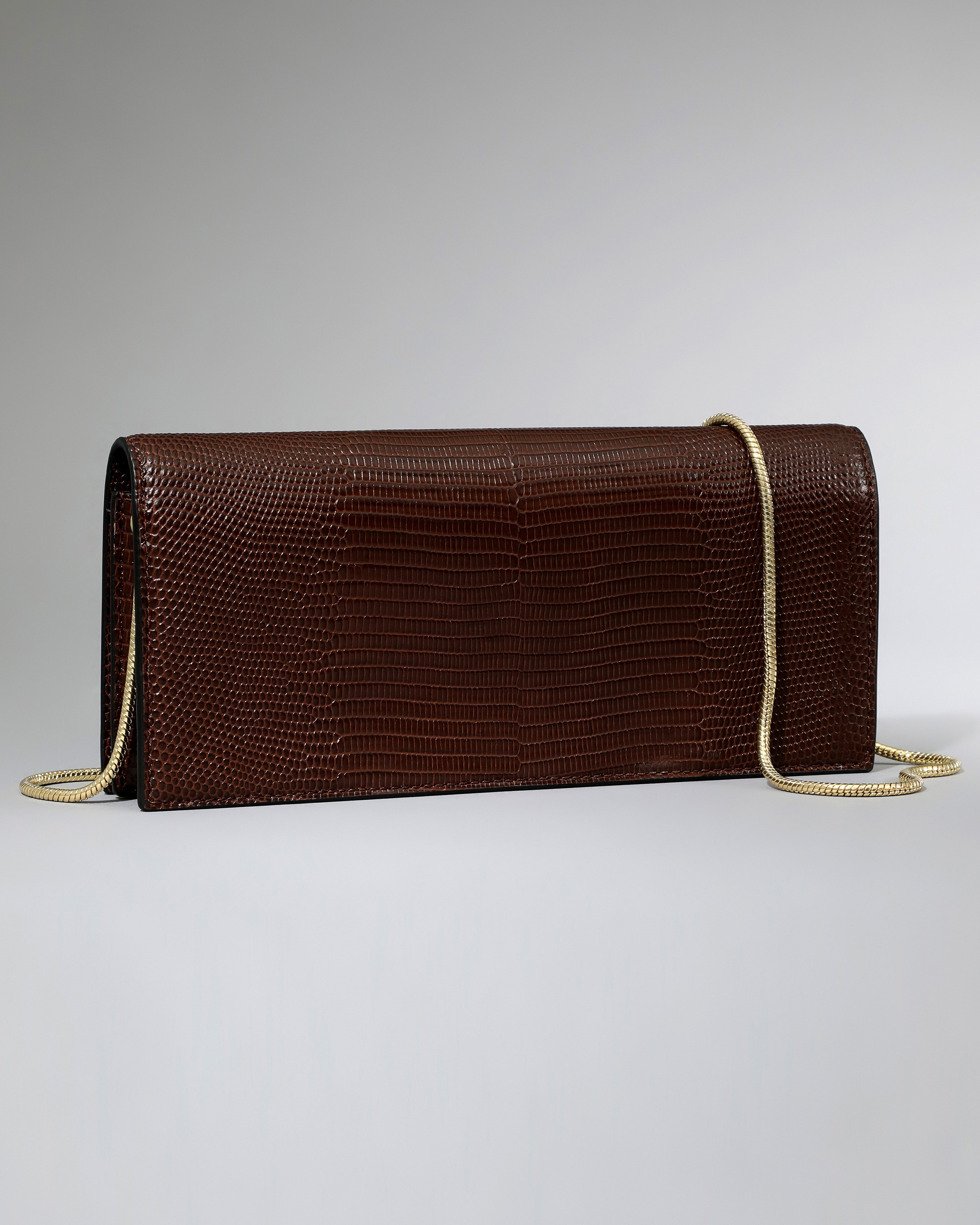 Chocolate Brown Lizard Leather Twisted Gold Side Handle Clutch