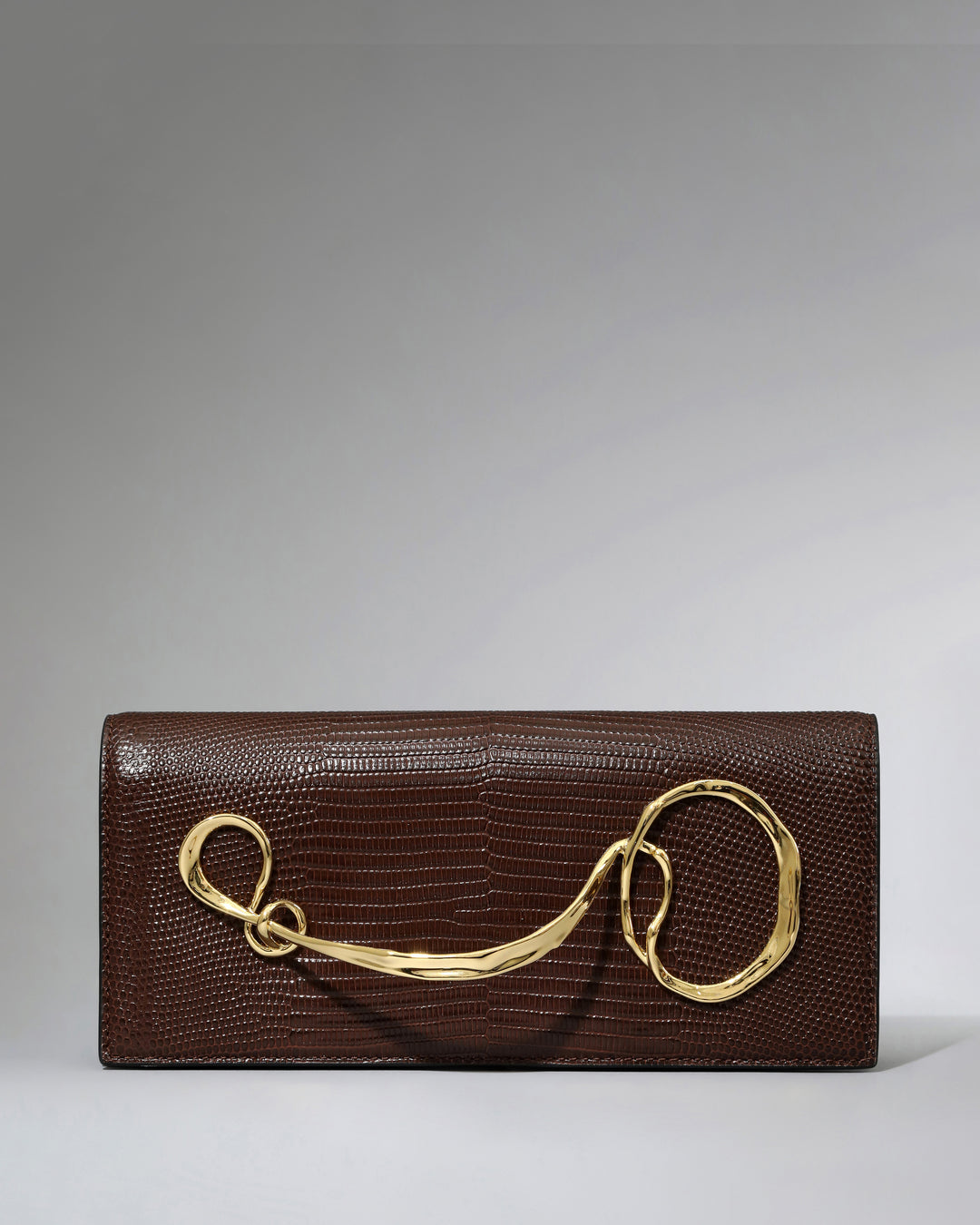 Chocolate Brown Lizard Leather Twisted Gold Side Handle Clutch
