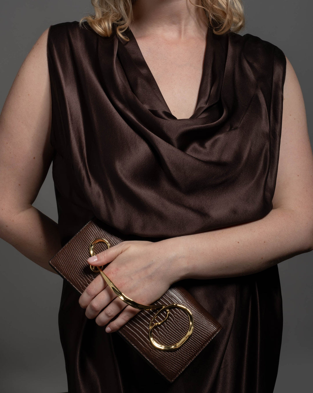 Chocolate Brown Lizard Leather Twisted Gold Side Handle Clutch