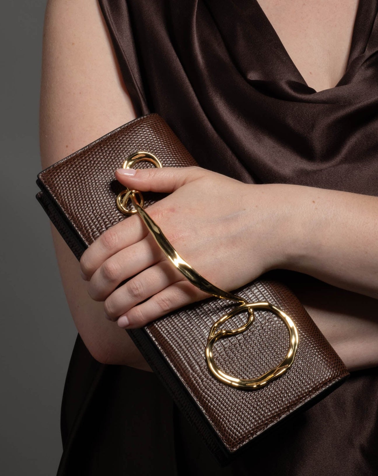 Chocolate Brown Lizard Leather Twisted Gold Side Handle Clutch