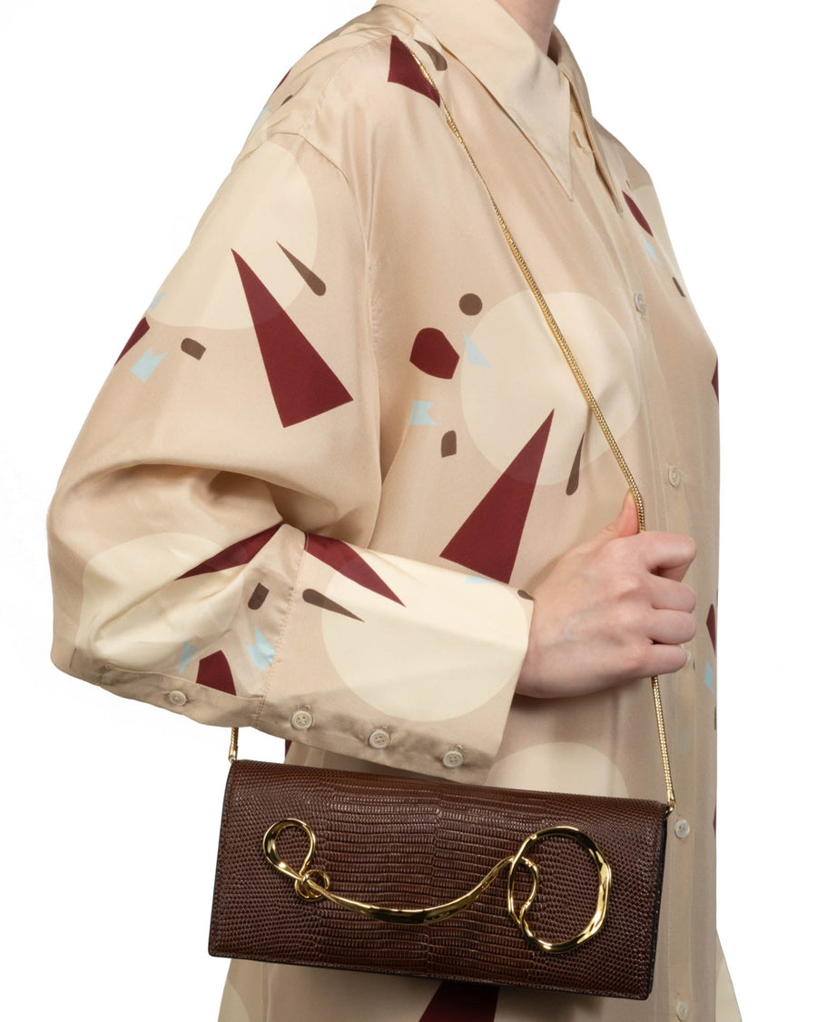 Chocolate Brown Lizard Leather Twisted Gold Side Handle Clutch