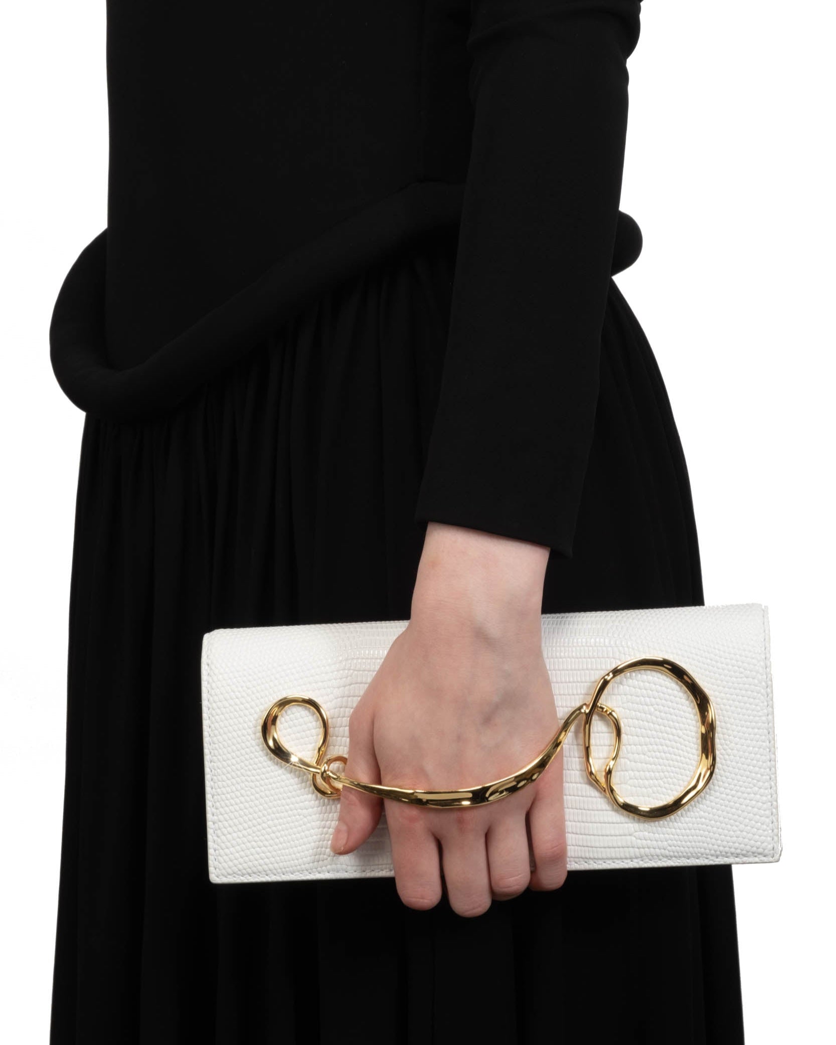 White Twisted Gold Side Handle Clutch Purse | White Lizard Leather Clutch