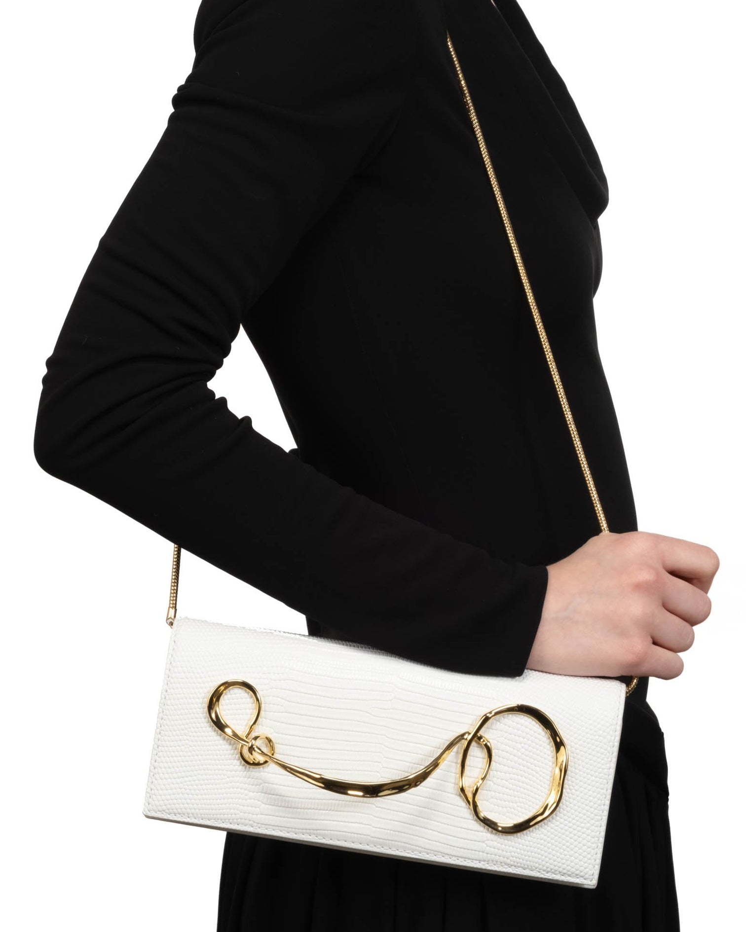 White Twisted Gold Side Handle Clutch Purse | White Lizard Leather Clutch