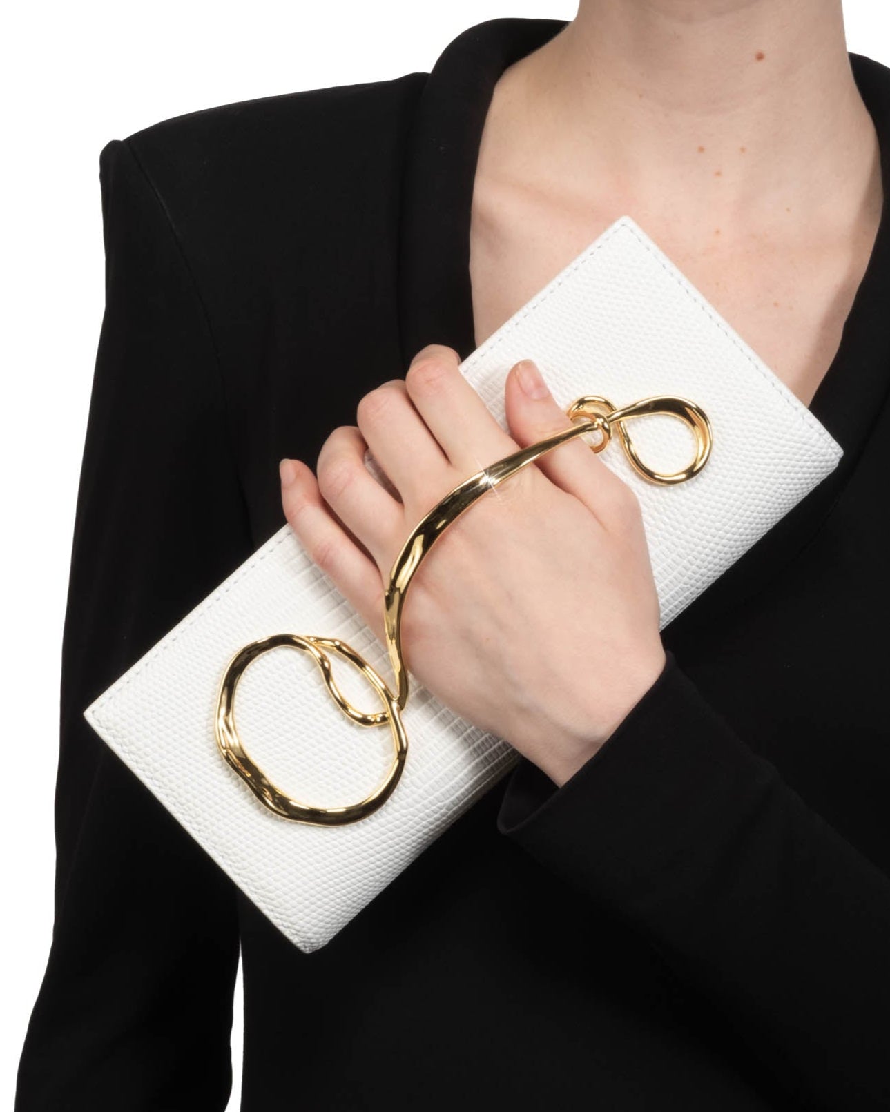 White Twisted Gold Side Handle Clutch Purse | White Lizard Leather Clutch