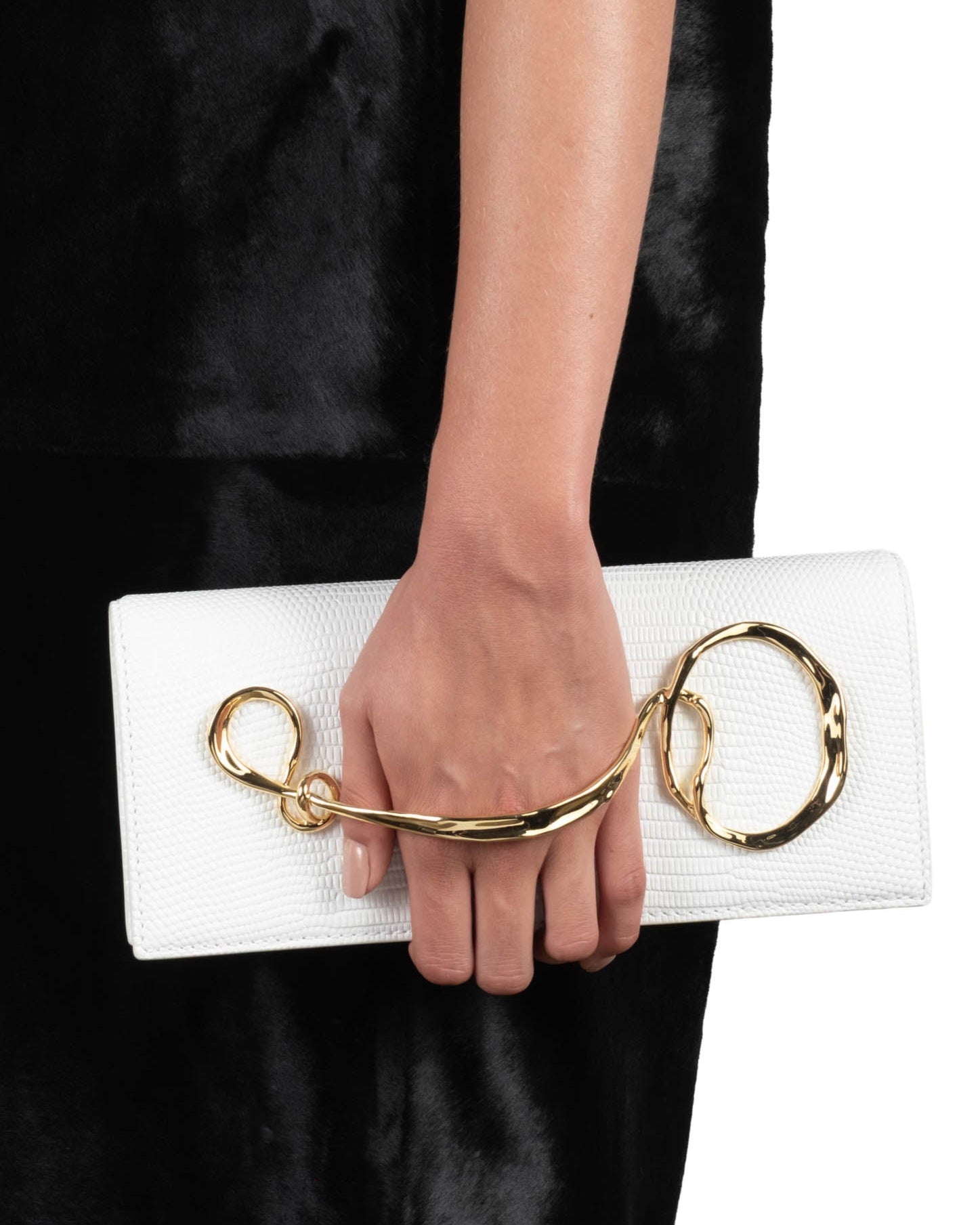 White Twisted Gold Side Handle Clutch Purse | White Lizard Leather Clutch