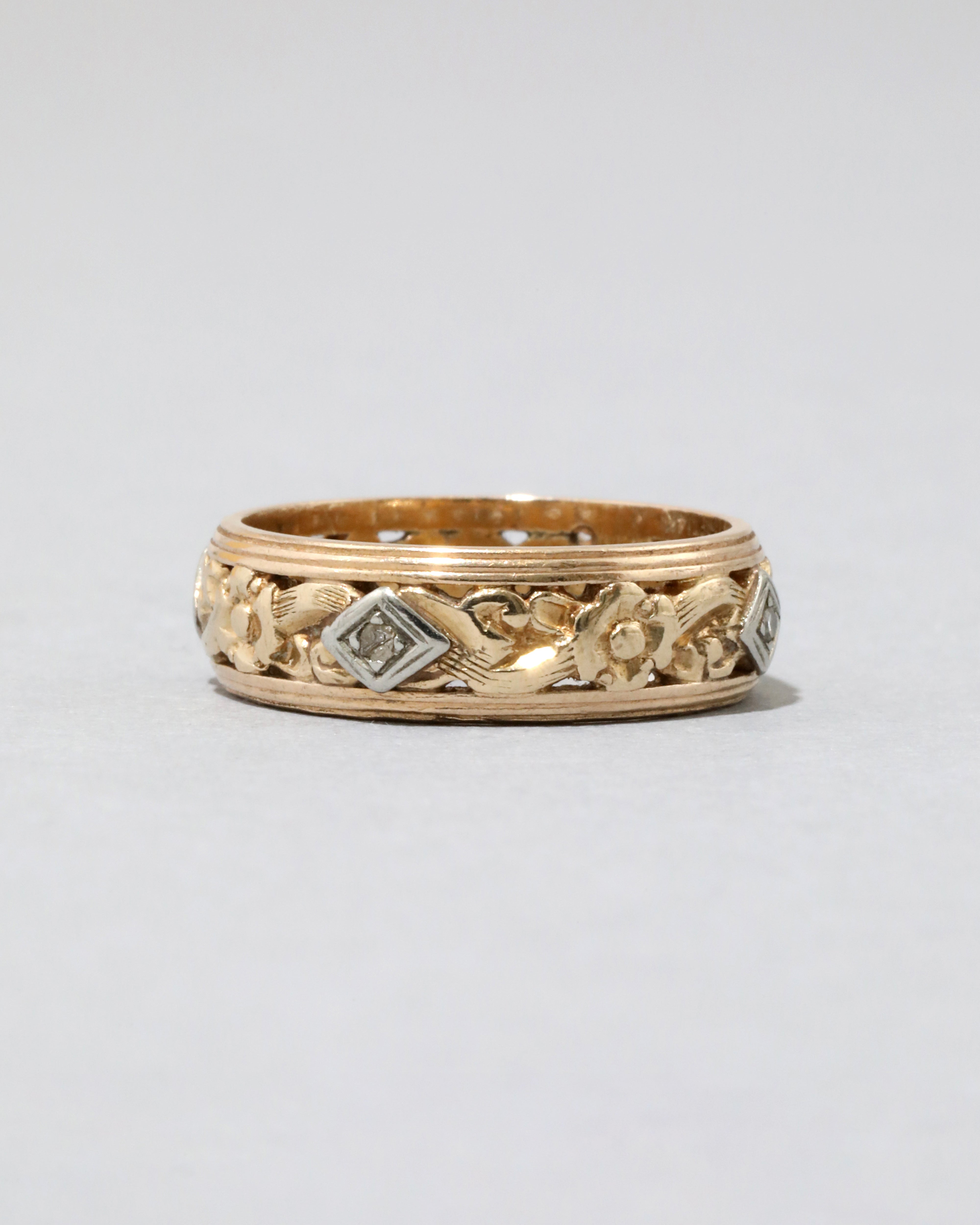 Antique 1920s 14k Gold & Diamond Floral Band Ring